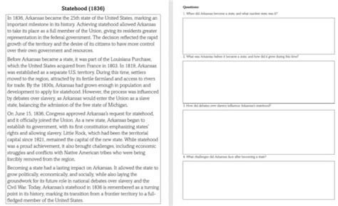 Arkansas State History Series Statehood 1836 Reading Assignment