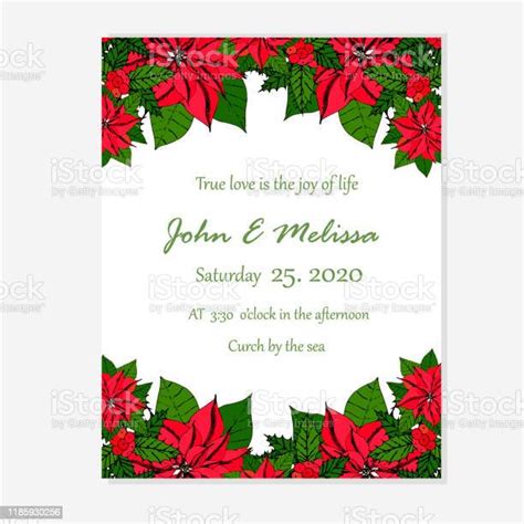 꽃 결혼식 초대장 빨간 Poinsettia 꽃 녹색 잎 벡터 카드 템플릿 에 흰색 배경 손으로 그린 아름다운 스톡 벡터 일러스트