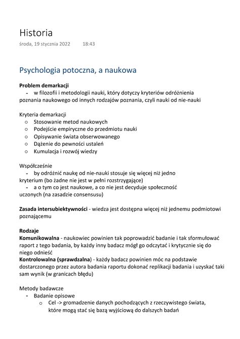 Historia Notatki z wykładu Psychologia potoczna a naukowa Problem demarkacji w