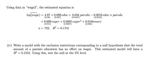 solved using data in wage2 the estimated equation is