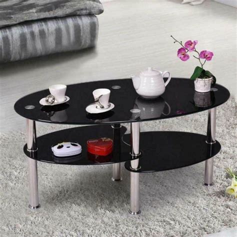 Oval Black Glass Living Room Coffee Table Chrome Bars Affordable