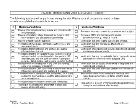 14 Monitoring On Site Monitoring Visit Agenda Checklist Pdf
