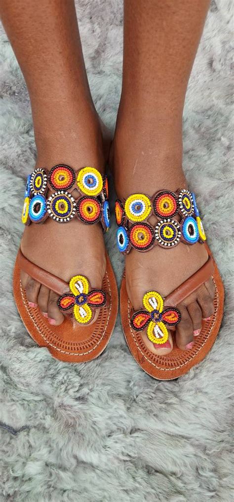 Maasai Sandalsbeaded Sandalsleather Sandalsbrown Leather Etsy