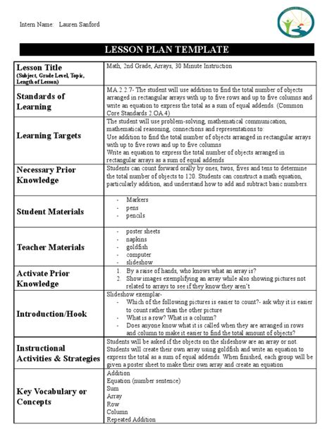 Lesson Plan 2 Pdf Matrix Mathematics Lesson Plan