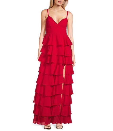 B Darlin Chiffon Double Spaghetti Strap V Neck Tiered Ruffle Long