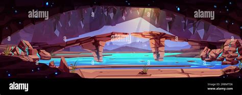 Underground Mine Cave View With Water And Light Ray Cartoon Scene