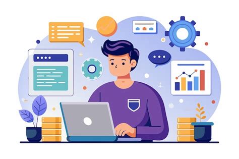 Premium Vector A Man Sitting In Front Of A Laptop Computer Working On Code And Big Data