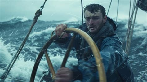 A Sailor Fiercely Grips The Wheel Battling The Elements On A Tumultuous