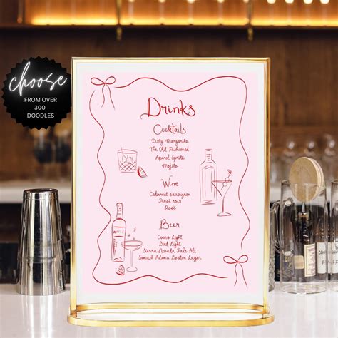 Pink Drink Bar Menu Template Printable Hand Drawn Line Art Illustrated
