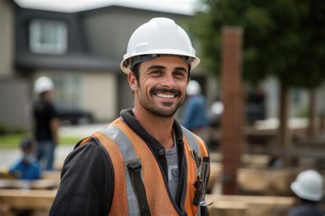 Premium Ai Image Handsome Male Builder Smiling On The Background Of The Construction Site