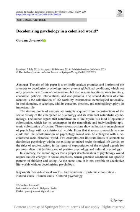 Decolonizing Psychology In A Colonized World Request Pdf