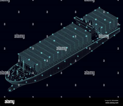 Ship Wireframe With Many Containers Made Of Blue Lines Isolated On A Dark Background Isometric