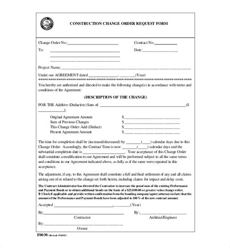 FREE 15 Construction Change Order Form Samples PDF MS Word Google
