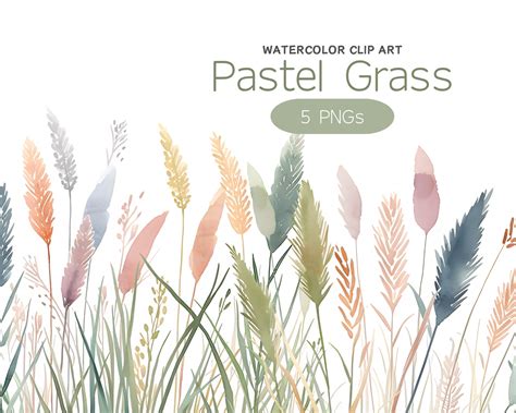 Water Color Grass Clipart Set Of 5 Png Pastel Grass Botanical