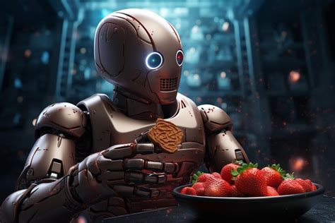 Premium Photo Robot Humanoid Eating Strawberries In The Dark 3d Rendering