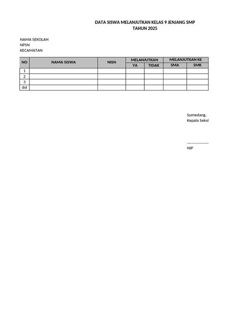 Data Siswa Melanjutkan Kelas 9 Jenjang Smp Pdf