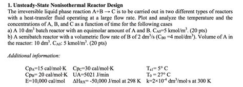 Solved Unsteady State Nonisothermal Reactor Design The Irreversible