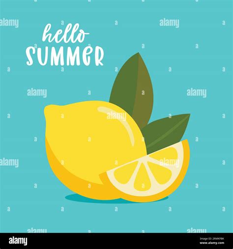 Lemon And Leaves Minimal Summer Postcard Colorful Summer Fruit Lemon