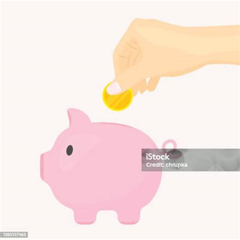 여성 손 은 돼지 저금통 안에 황금 동전을 넣어 돈을 절약의 개념 벡터 일러스트 돼지 저금통에 대한 스톡 벡터 아트 및 기타
