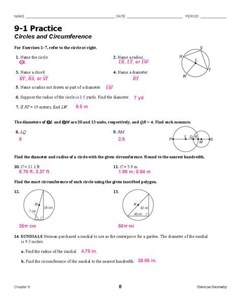 91 94 Practice Key 9 1 Practice Circles And Circumference For