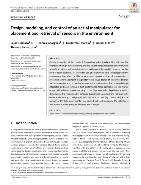 Pdf Design Modeling And Control Of An Aerial Manipulator For Placement And Retrieval Of