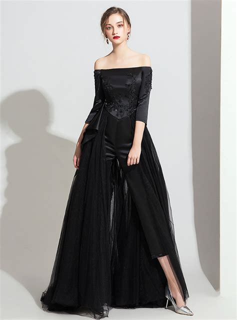 Black Tulle Satin Off The Shoulder Half Sleeve Trouser Skirt Party
