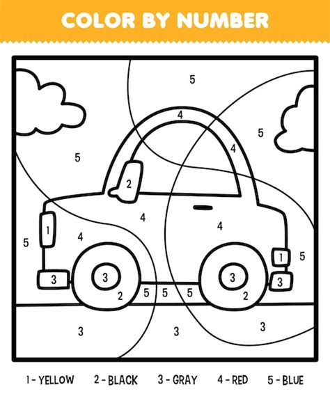 귀여운 만화 자동차 라인 아트 인쇄 가능한 교통 워크시트의 숫자로 어린이 색상을 위한 교육 게임 프리미엄 벡터
