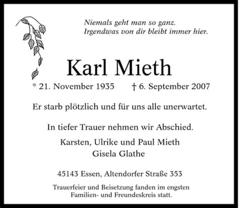 Traueranzeigen Von Karl Mieth Trauer In Nrwde