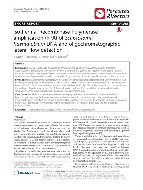 Pdf Isothermal Recombinase Polymerase Amplification Rpa Of Schistosoma Haematobium Dna And