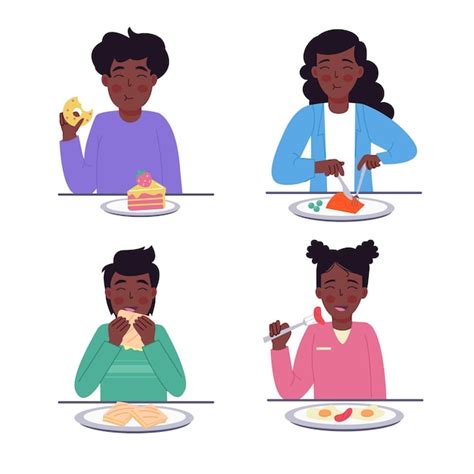 Premium Vector People African American Women And Men Eating Different
