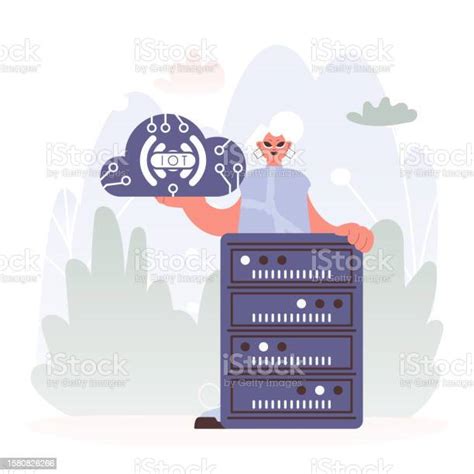 젊은 아가씨 Iot 그림에 대한 핸들 얻기 서버 구성의 중앙에 위치 고급 시대의 상호 연결성과 기계적 진보를 상징합니다 건강한