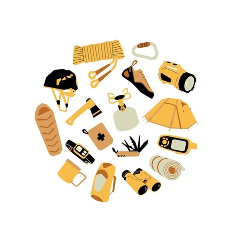 Premium Vector Set Of Hiking Equipment Items For Camping Trekking And