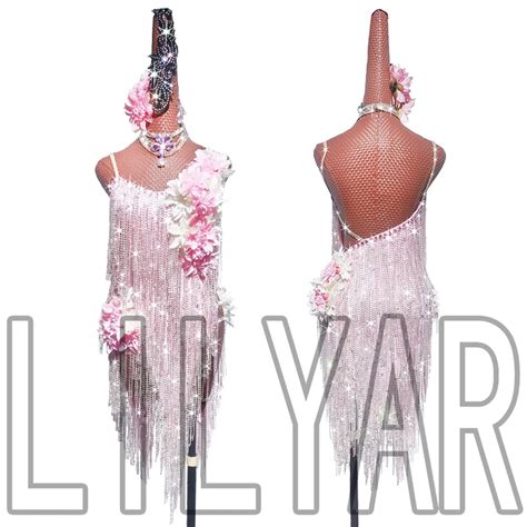 New Latin Dance Performance Competition Dress Adult Light Pink Sparkling Diamond Tassel D