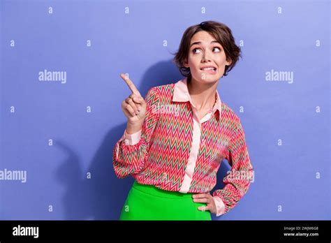 Photo Portrait Of Lovely Young Lady Look Point Skeptical Empty Space