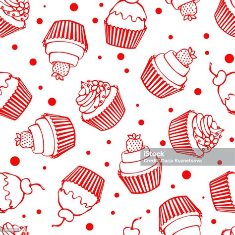 컵케이크와 매끄러운 패턴 손으로 그린 과자 낙서 벡터 그림입니다 인사 초대장 제조 포장지 섬유 및 웹 디자인에 적합합니다 귀여운에 대한 스톡 벡터 아트 및 기타 이미지