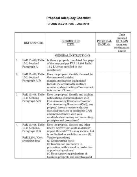 Printable Checklist Template Samples Dfars Compliance Proposal Adequacy Proposal Checklist