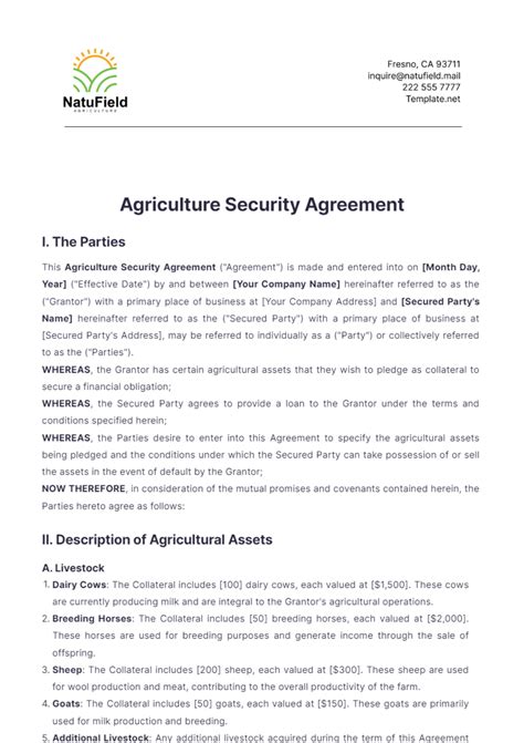 Free Agriculture Security Agreement Template To Edit Online