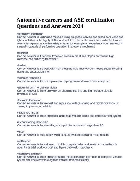 Automotive Careers And Ase Certification Questions And Answers 2024