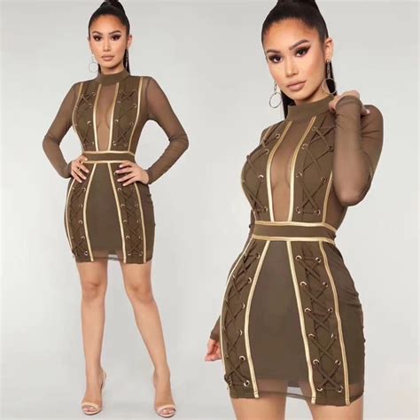 New Arrival Black Long Sleeve Mesh Sexy Bandage Derss 2018 Hollow Out