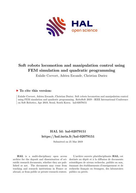 Pdf Soft Robots Locomotion And Manipulation Control Using Fem