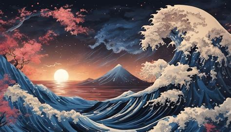 Premium Photo Tsunami Hyper Realistic Japanese Art Crafting Vibrant Waves Against A Dark Sky