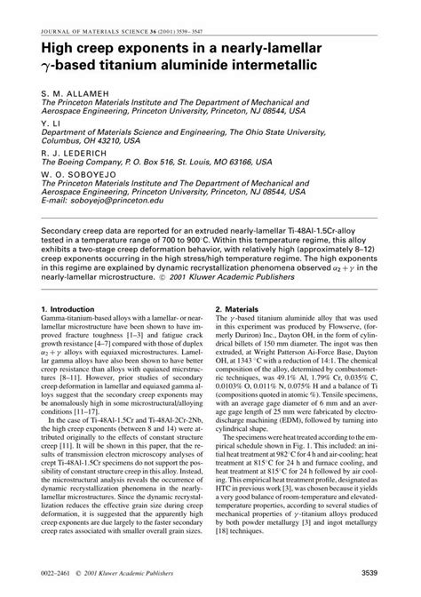 Pdf High Creep Exponents In A Nearly Lamellar γ Based Titanium Aluminide Intermetallic
