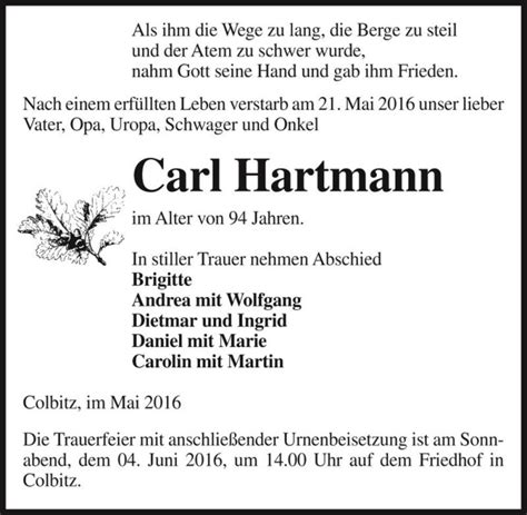 Traueranzeigen Von Carl Hartmann Abschied Nehmen De