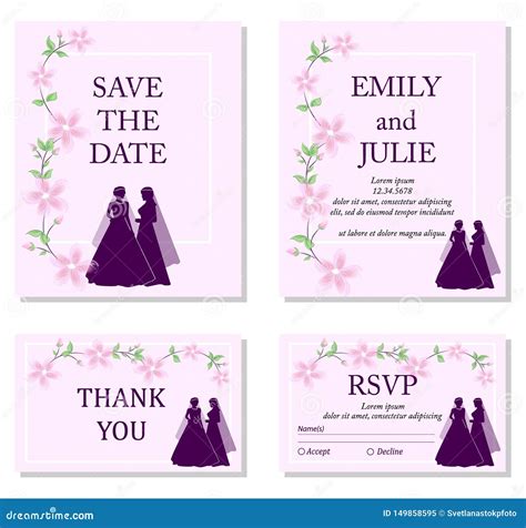 Wedding Invitation Template Set Beautiful Lesbian Couple In White
