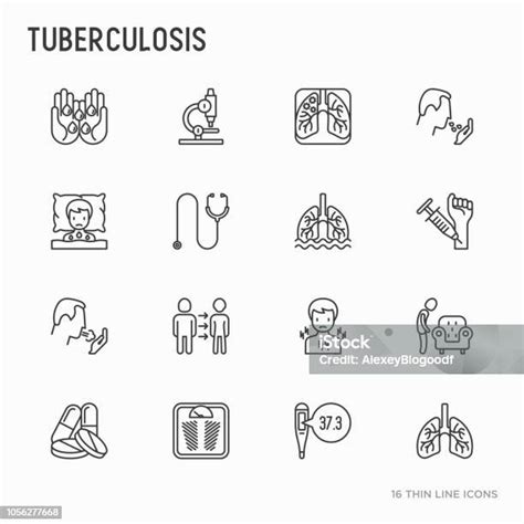 결핵 선 아이콘 세트 감염 폐 X 선 영상 마른 기침 가슴과 어깨 Mantoux 테스트에 통증 체중 감소 벡터 일러스트입니다 결핵균에 대한 스톡 벡터 아트 및 기타 이미지