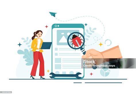 버그 추적 벡터 일러스트레이션 웹 사이트 보안의 큰 화면에서 컴퓨터 바이러스로부터 휴대 전화를 보호 플랫 만화 손으로 그린