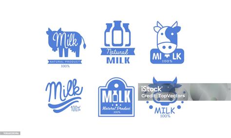 우유 천연 제품 로고 설정 100 신선한 유제품 자연 식품 라벨 흰색 배경에 휘장 디자인 벡터 일러스트 레이 션 0명에 대한 스톡 벡터 아트 및 기타 이미지 Istock