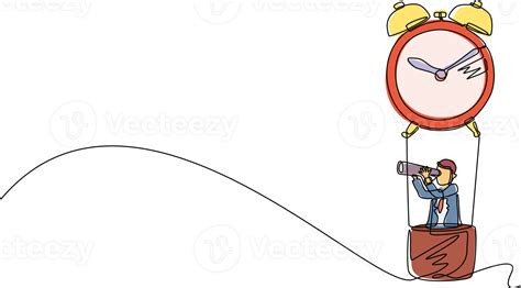 Continuous One Line Drawing Happy Businessman Manager Or Employee Ride Hot Air Balloon Alarm