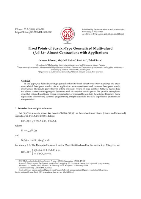 Pdf Fixed Points Of Suzuki Type Generalized Multivalued Fθl