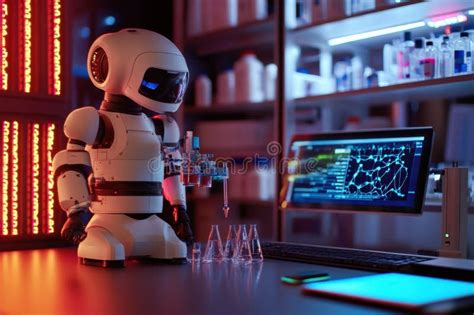 robot conducting experiments in a modern laboratory environment stock